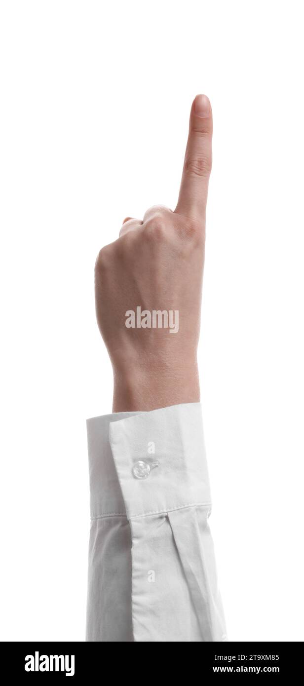 Woman pointing with index finger on white background, closeup ...