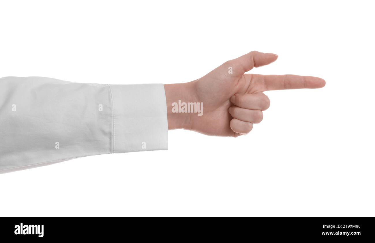 Woman pointing with index finger on white background, closeup ...