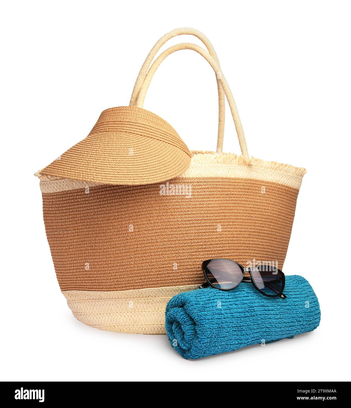 Stylish straw bag with beach objects isolated on white Stock Photo - Alamy