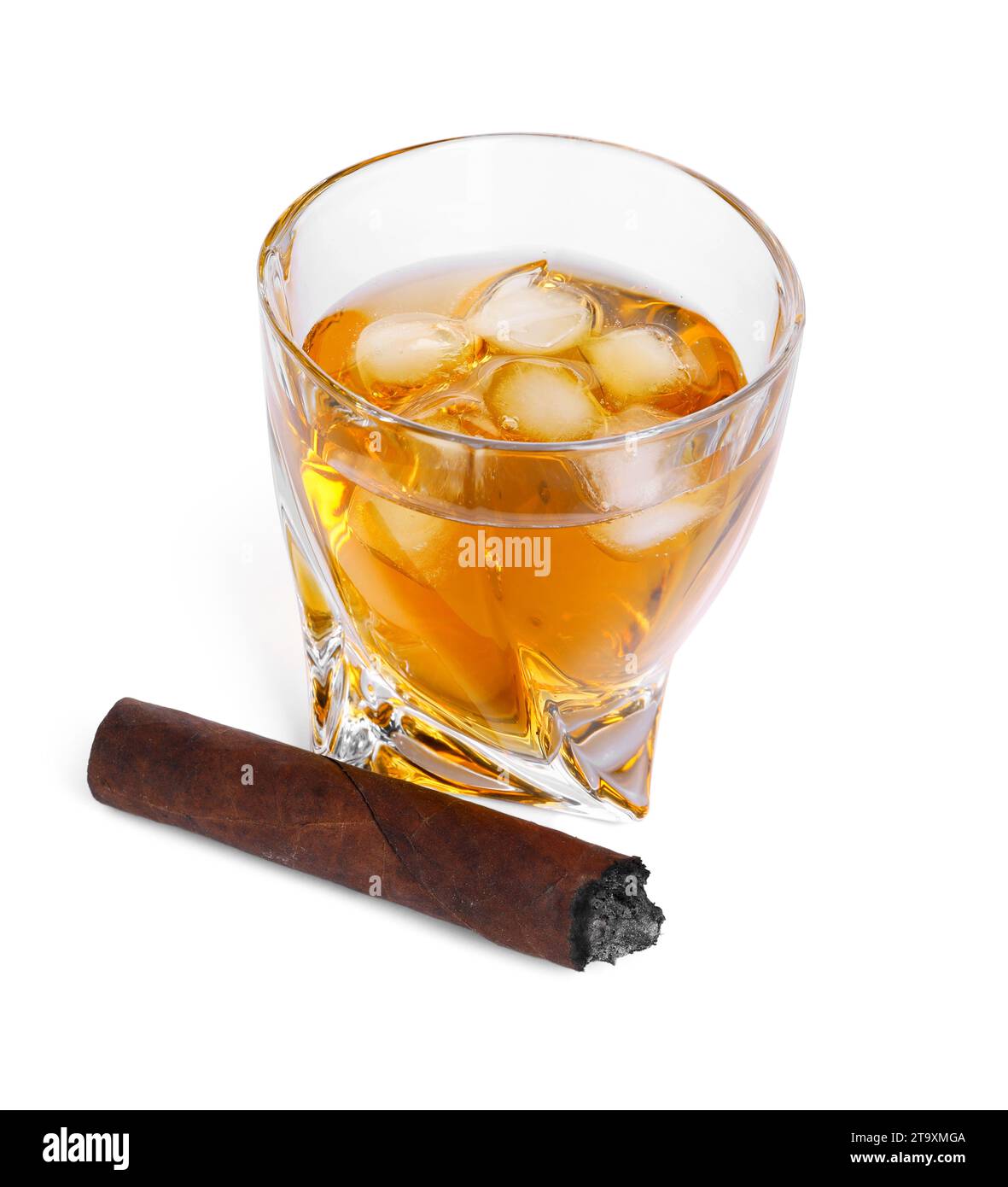Glass of whiskey and burnt cigar isolated on white Stock Photo - Alamy