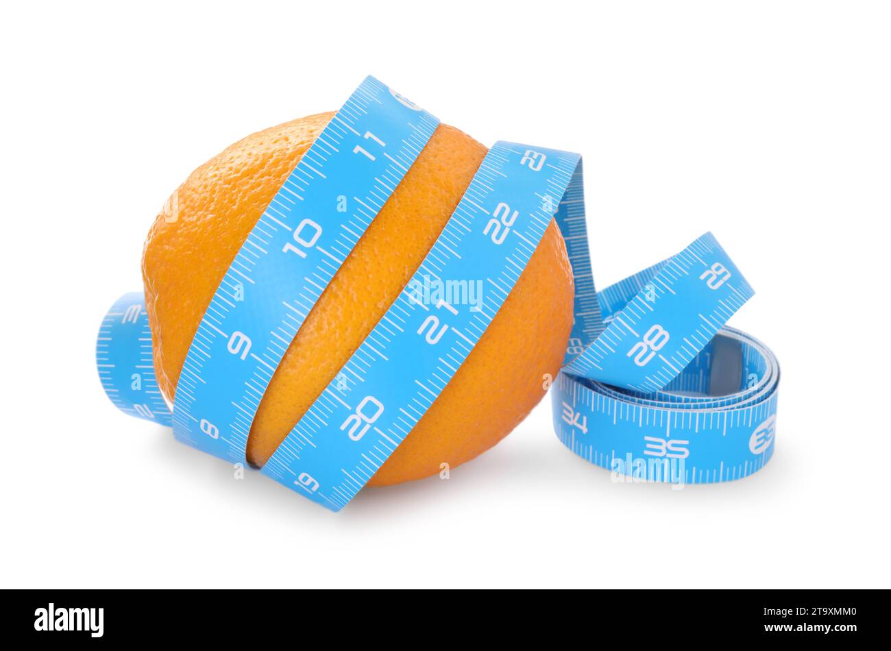 Cellulite problem. Orange with measuring tape isolated on white Stock ...