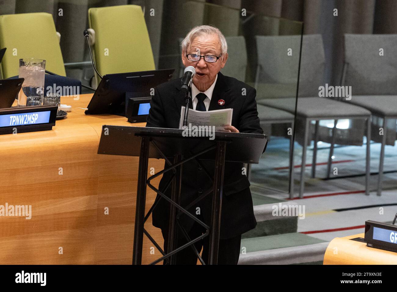 Atomic bomb survivor Sueichi Kido of Nagasaki speaks during Second ...