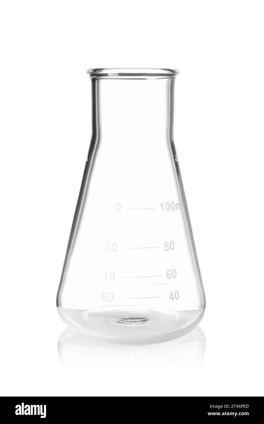 One empty laboratory flask isolated on white Stock Photo - Alamy