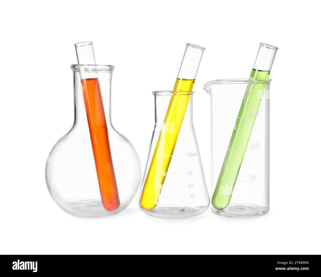 Glass flasks, beaker and test tubes with colorful liquids isolated on ...