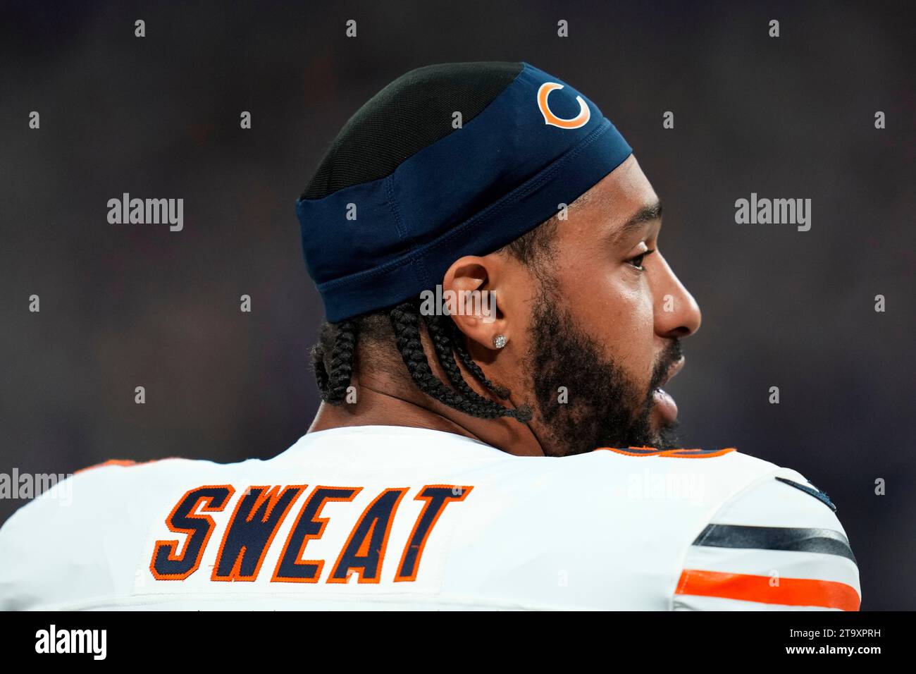 Chicago Bears defensive end Montez Sweat stands on the field before an ...