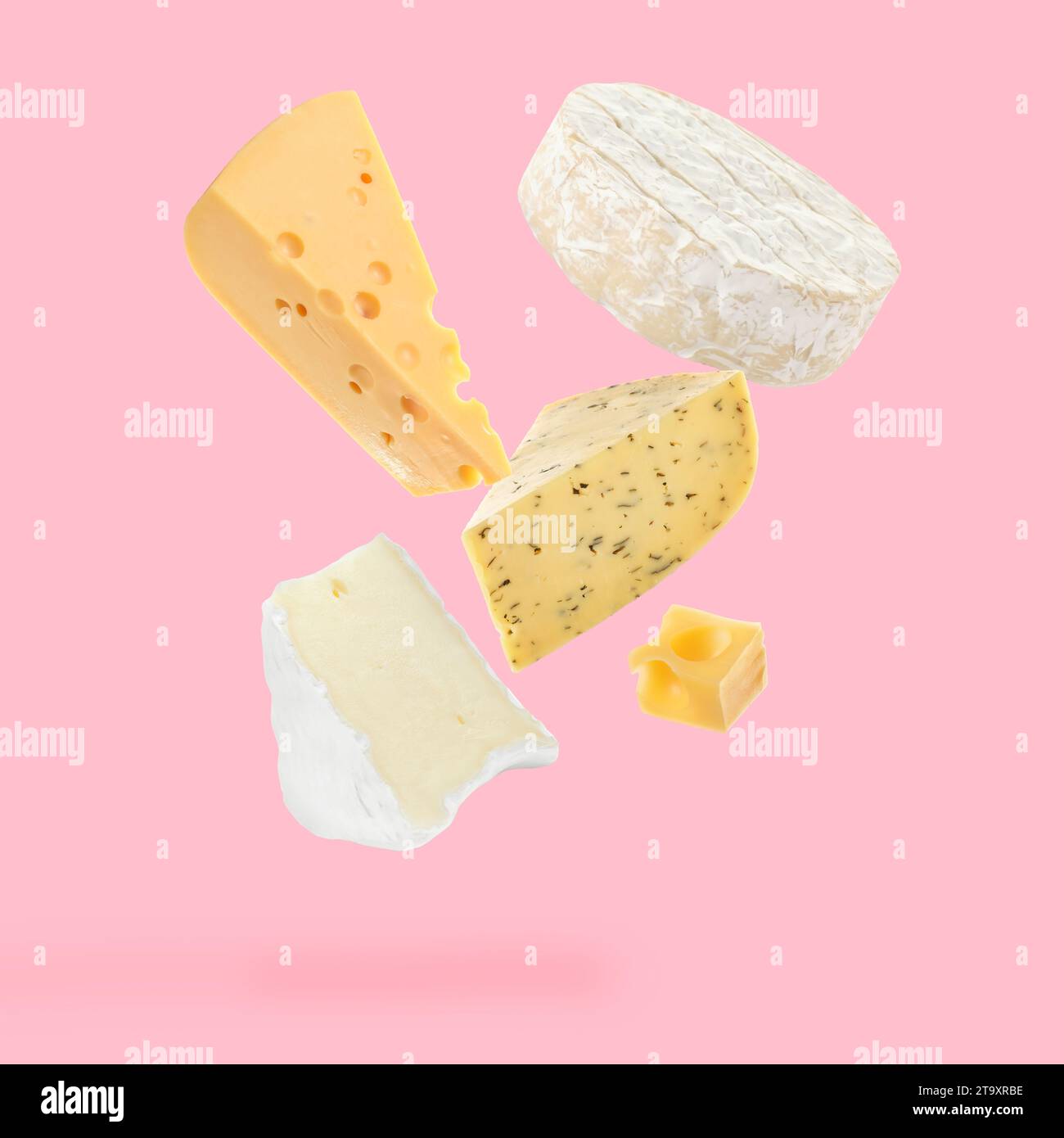 Different kinds of cheese falling on pink background Stock Photo - Alamy