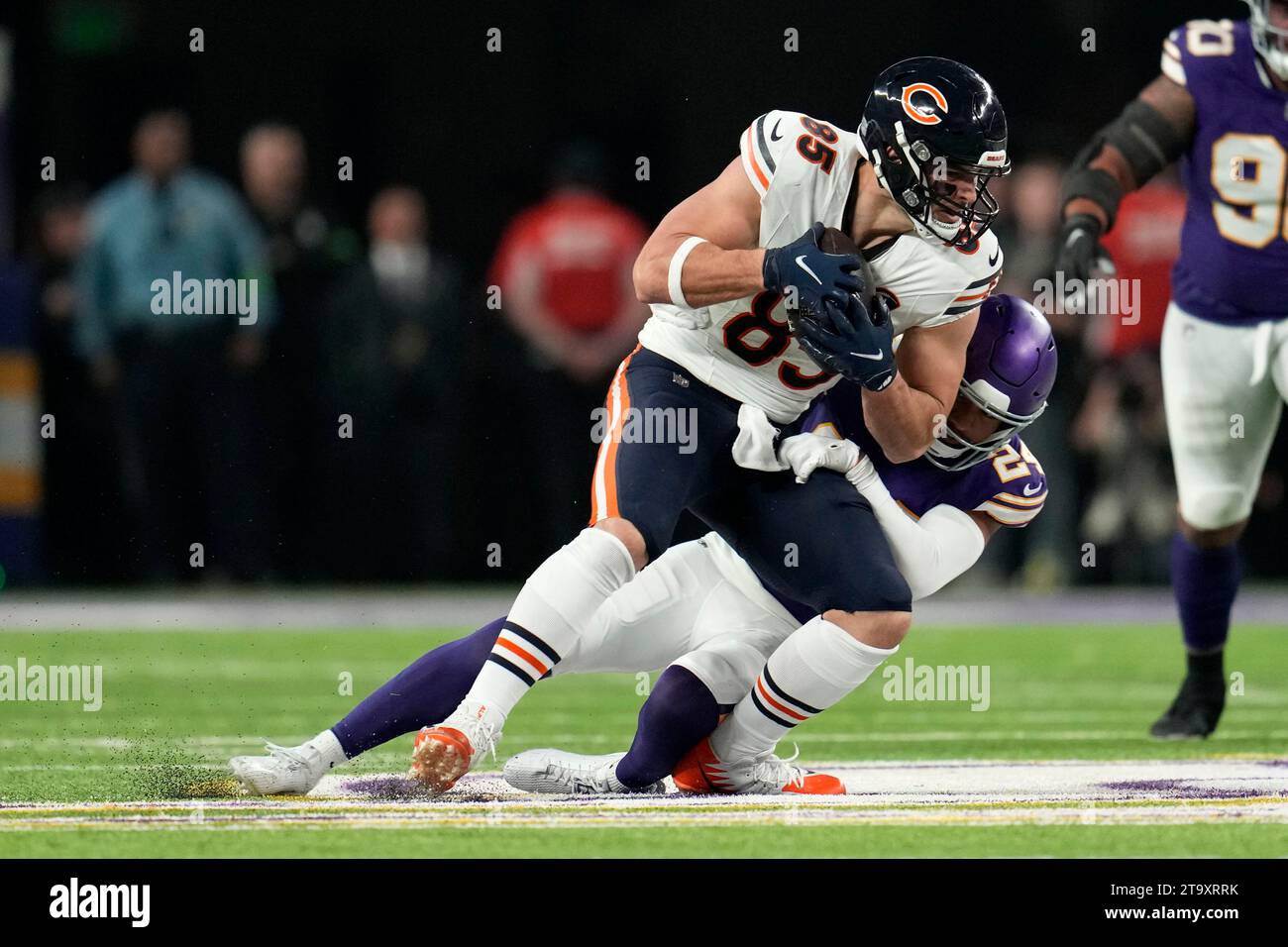 Chicago Bears tight end Cole Kmet (85) is tackled by Minnesota Vikings ...