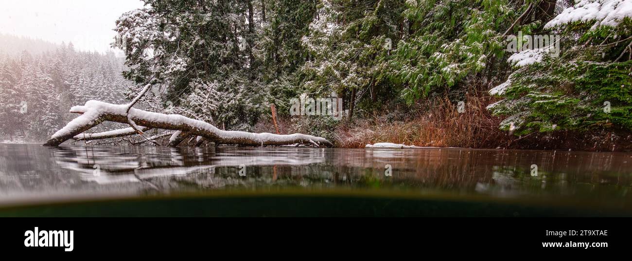 Cold Glacier Lake covered in snow in the Canadian Mountain Landscape ...