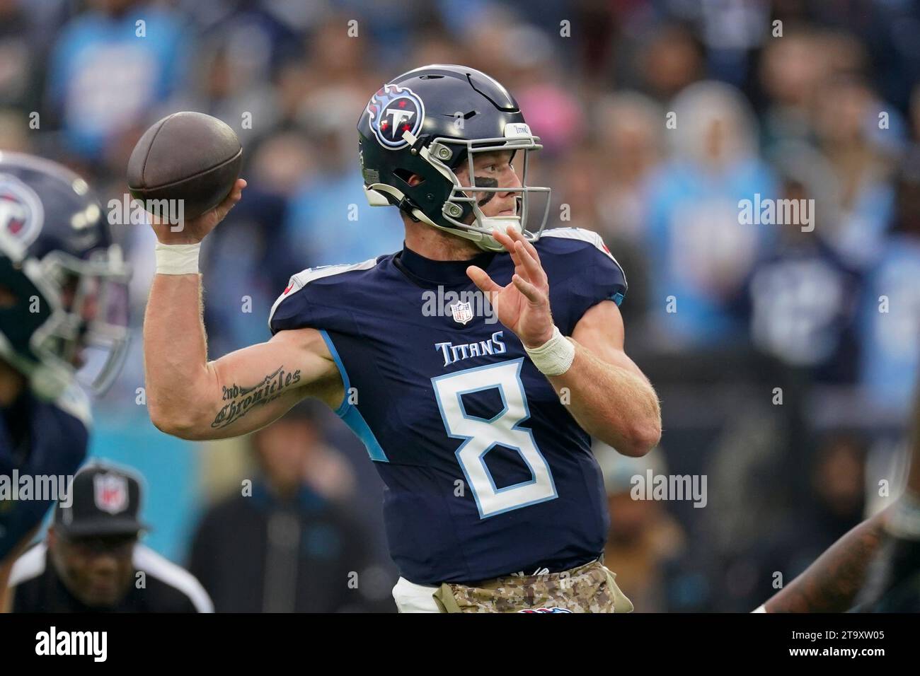 Tennessee Titans quarterback Will Levis (8) looks to throw a pass ...