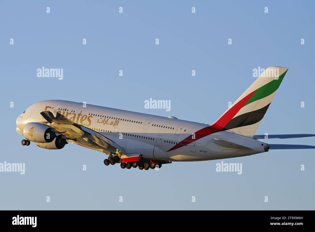Emirates Airbus A380 with registration A6-EVF shown airborne, leaving ...