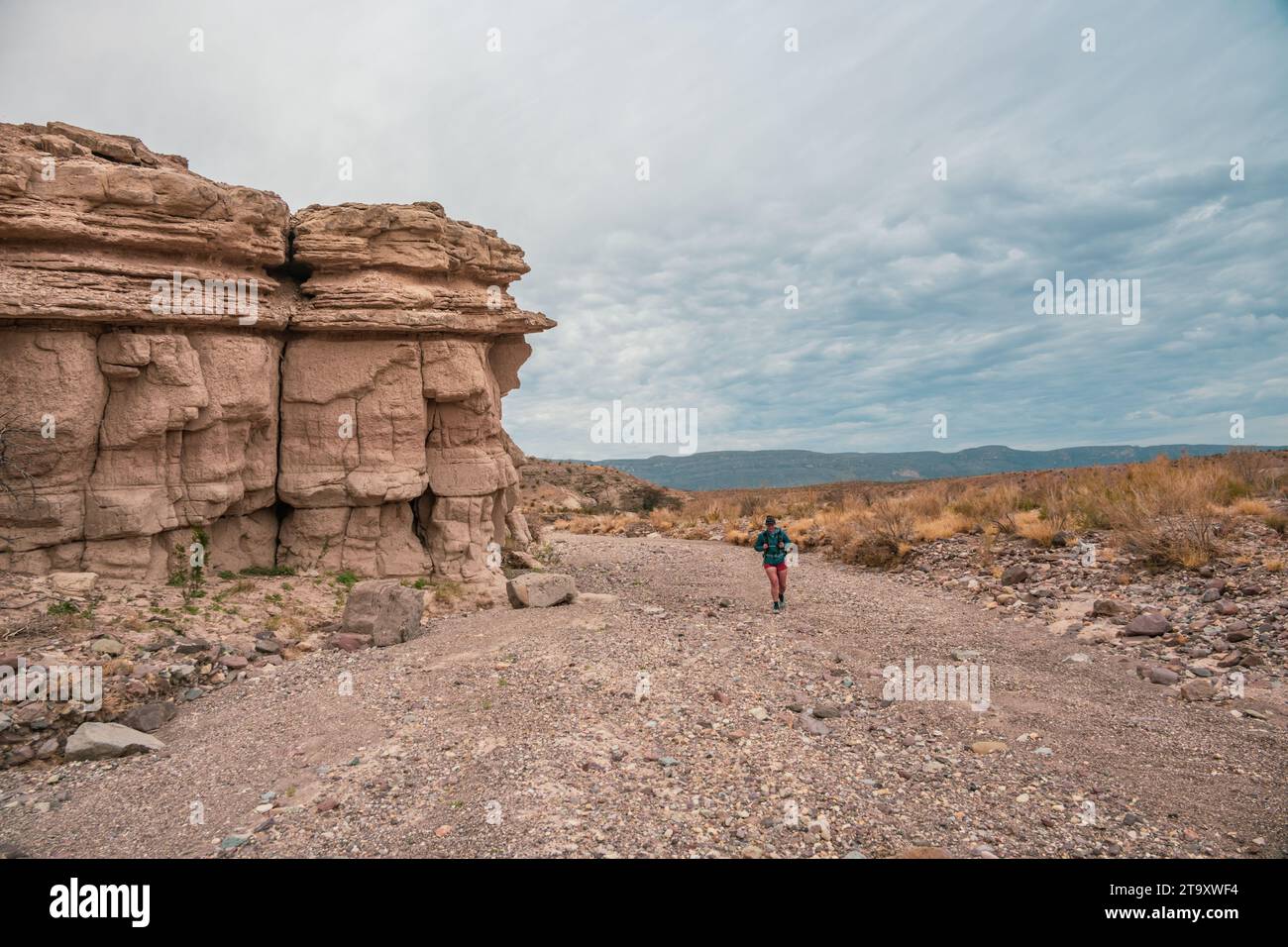 Woman Hikes In Wide Wash Below Tan Cliff in Big Bend Stock Photo - Alamy