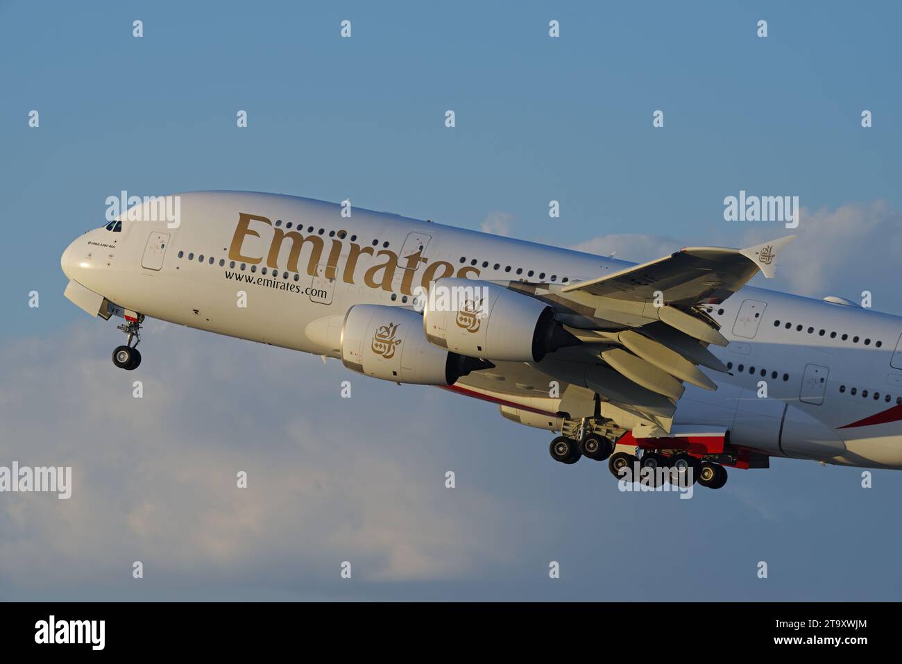 Emirates Airbus A380 with registration A6-EVF shown airborne, leaving ...