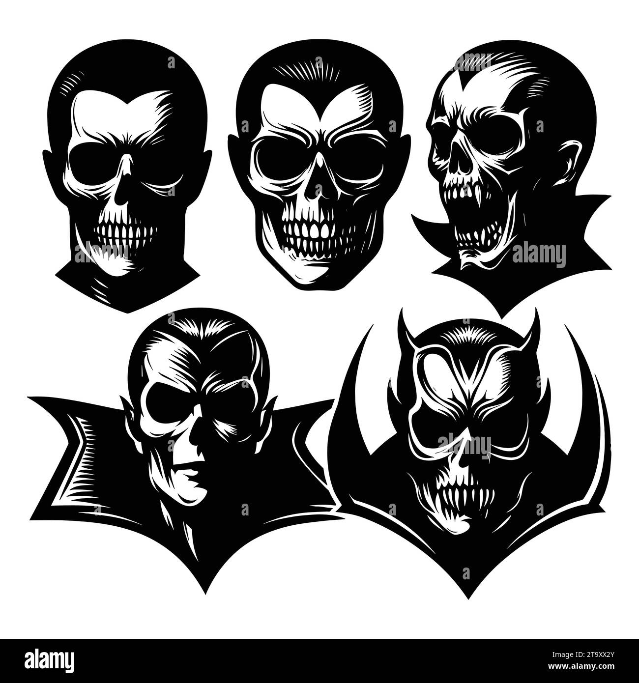 Set of skull silhouettes isolated on a white background, Vector ...