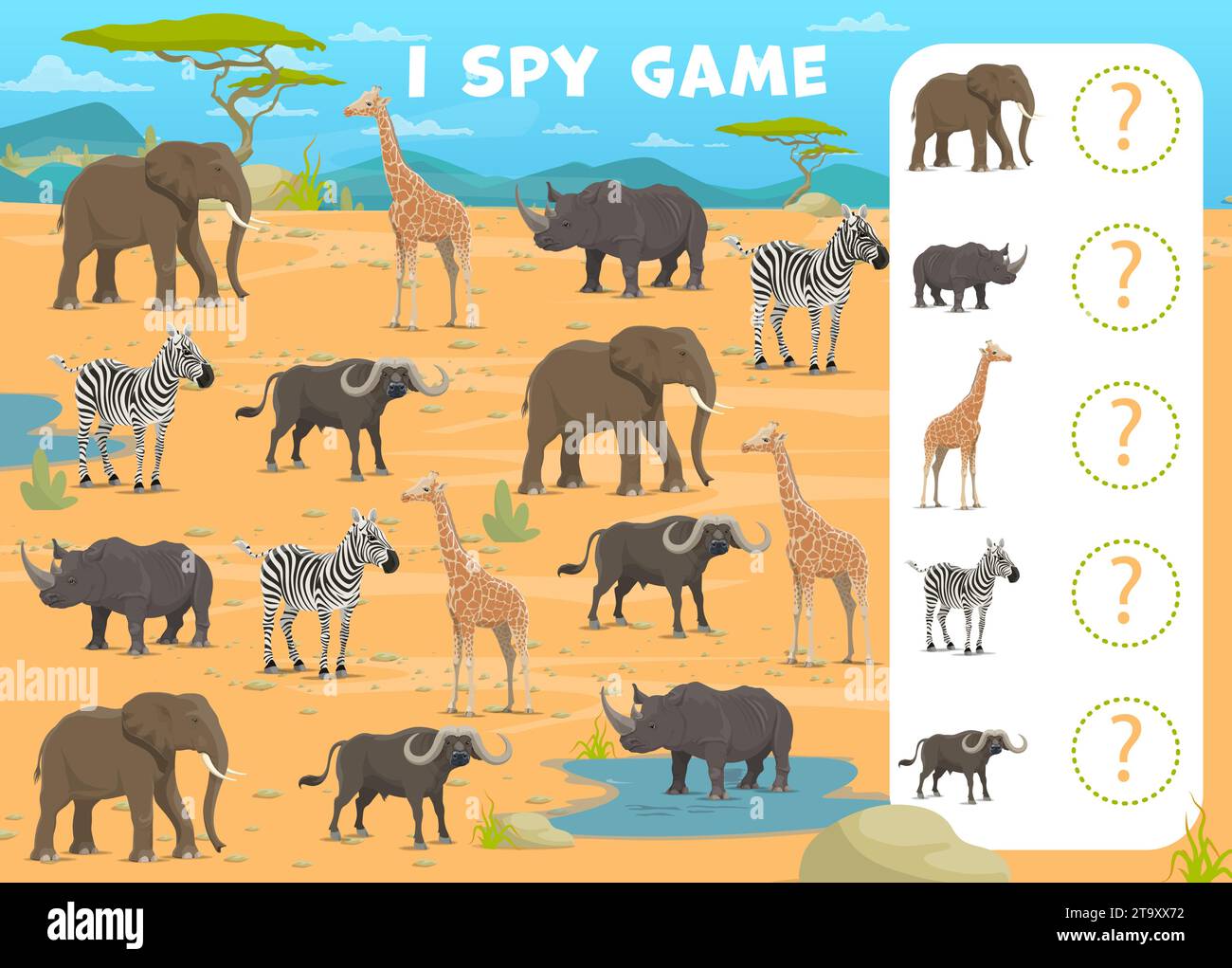 I spy game worksheet with African savannah safari animals, vector kids ...