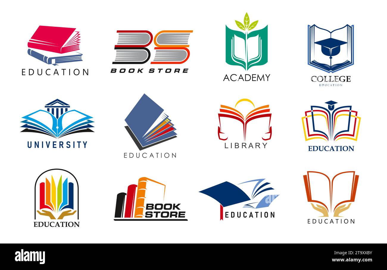 Education book icons, library, store or dictionary books of academy and ...