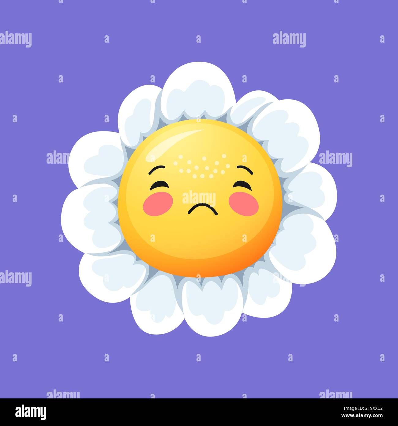 Camomile smile daisy flower character. Cartoon forlorn chamomile with drooping petals, wearing a ...