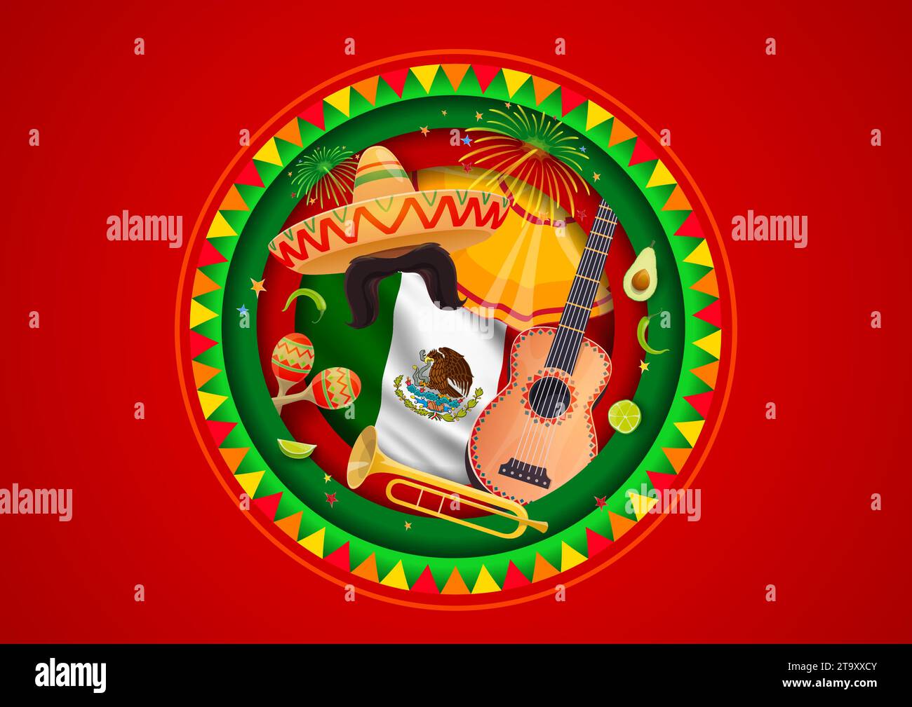 Mexican Independence Day paper cut banner for holiday with sombrero and ...