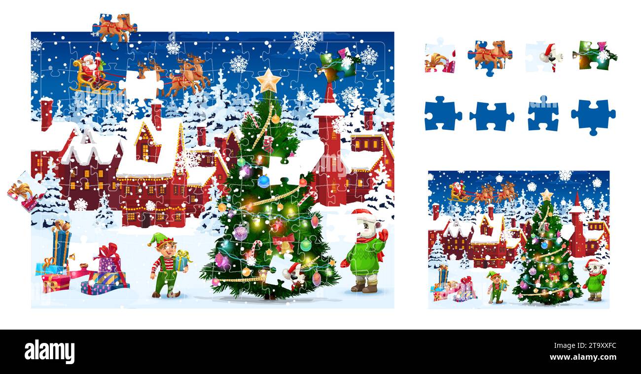 Jigsaw puzzle game pieces of Christmas landscape and snowy town, vector ...