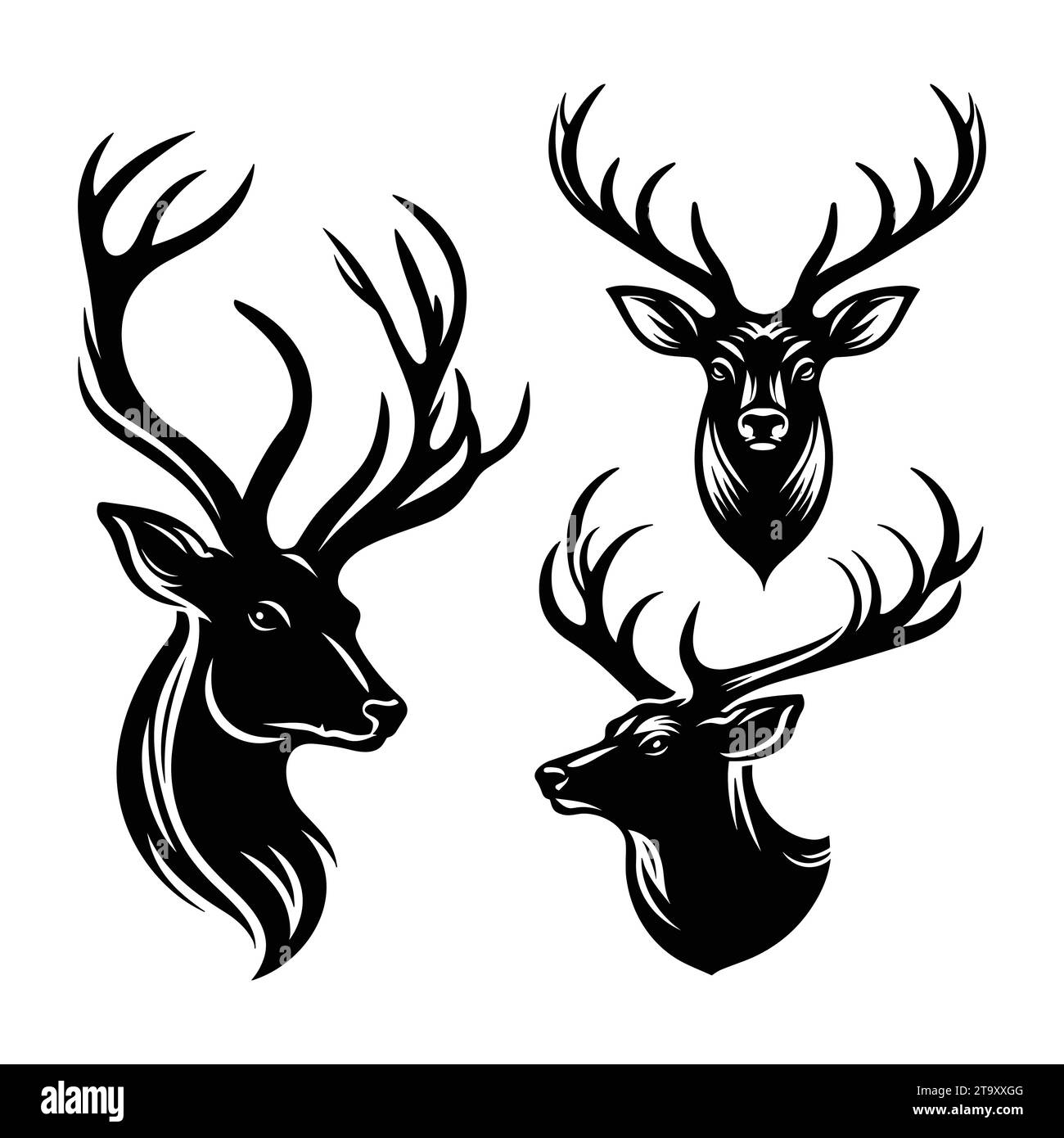 Set of deer head silhouettes isolated on a white background, Vector ...