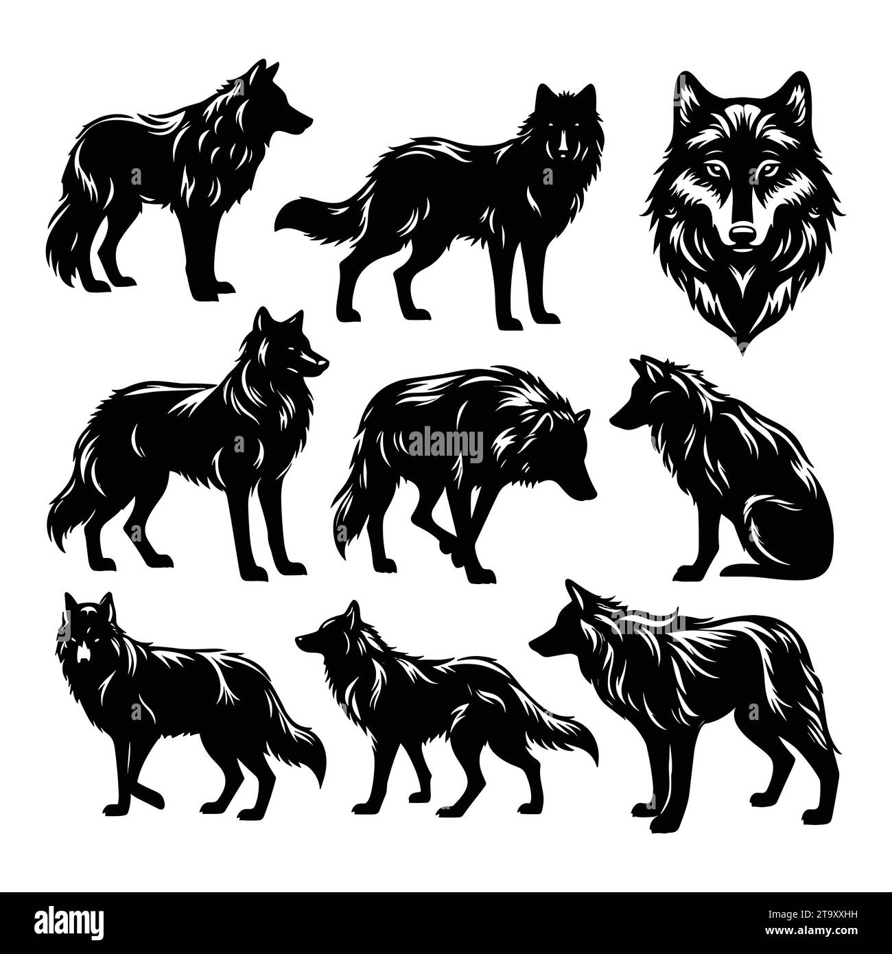 Set of wolf silhouettes isolated on a white background, Vector ...