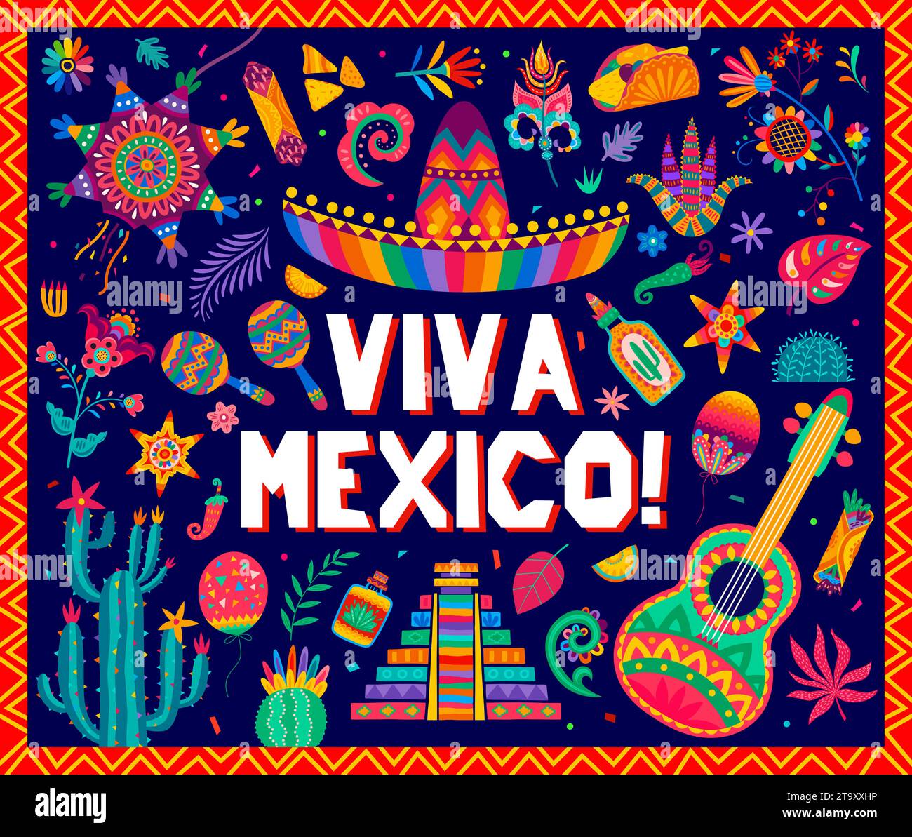 Viva mexico banner with sombrero, tropical flowers, pinata and guitar ...
