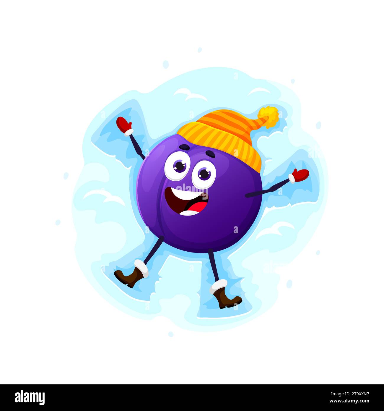 Christmas holiday plum fruit character making snow angel. Cute purple ...