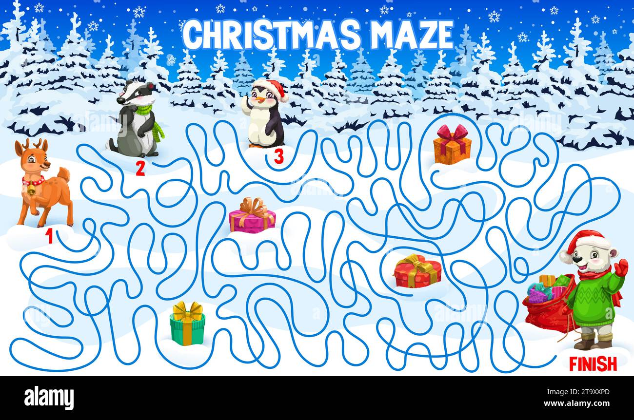 Christmas labyrinth maze. Help to cartoon animals find a friend and ...