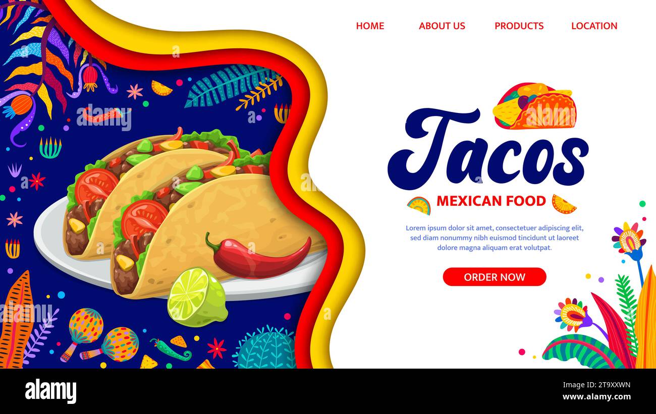 Paper cut landing page with Mexican tacos, Tex Mex food website ...