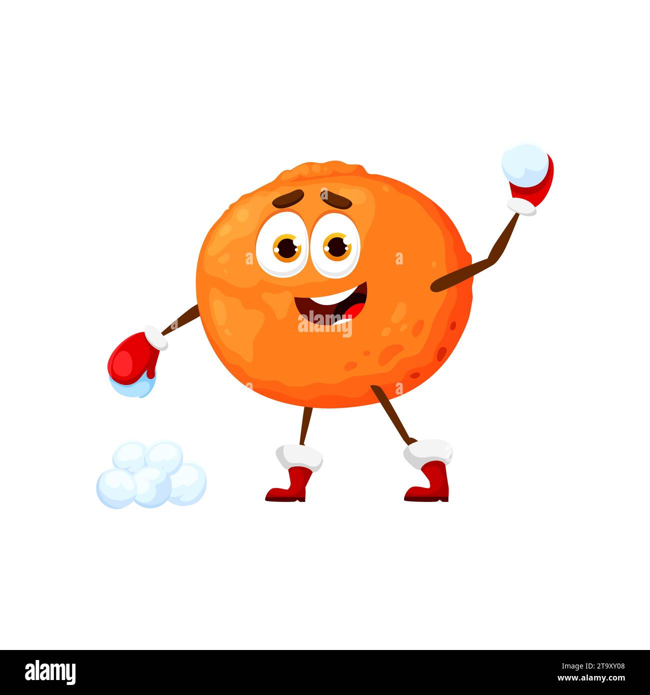 Christmas orange character playing snowballs, Xmas holiday fruit ...