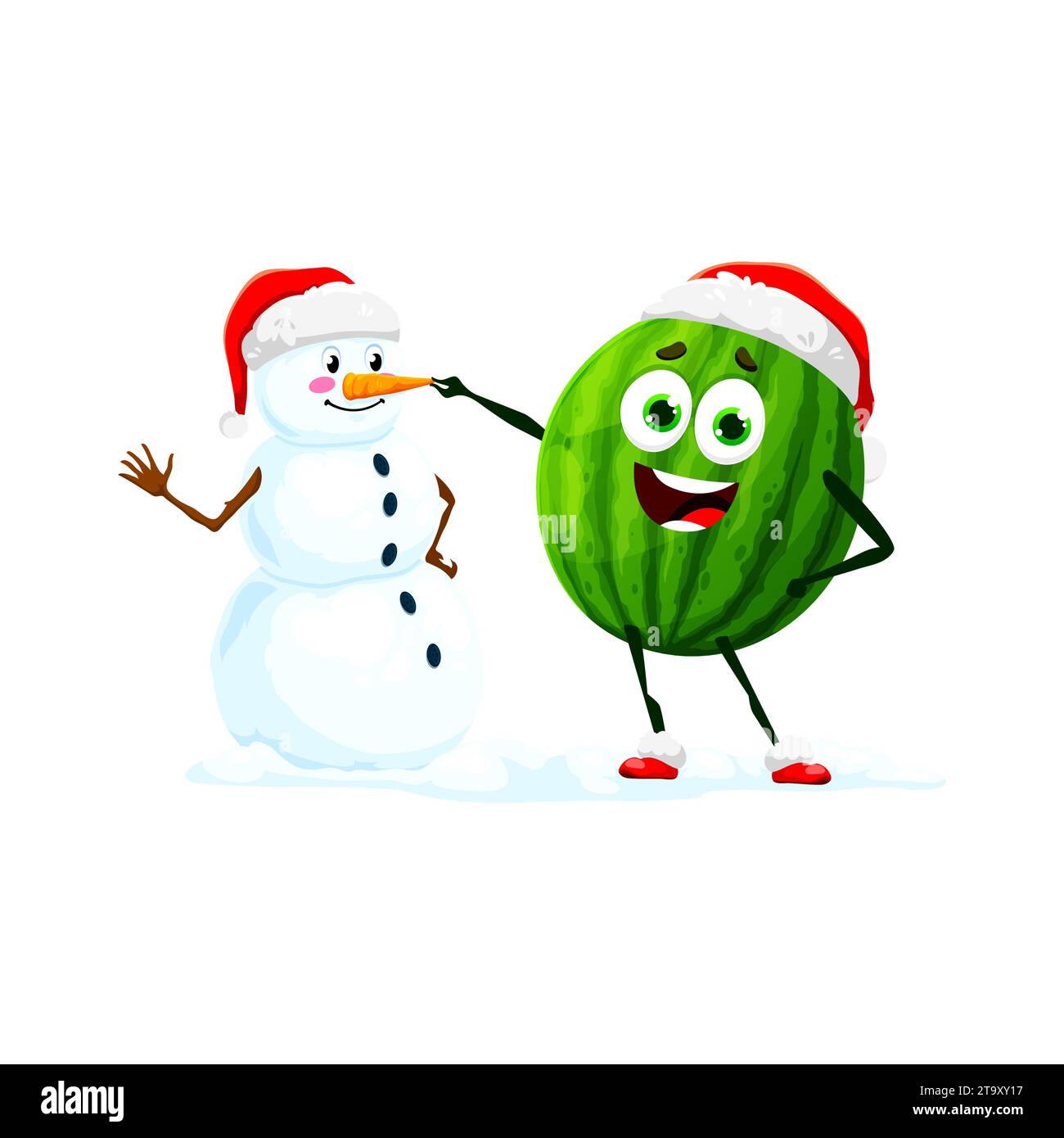 Christmas holiday watermelon character with cute snowman. Vector funny ...