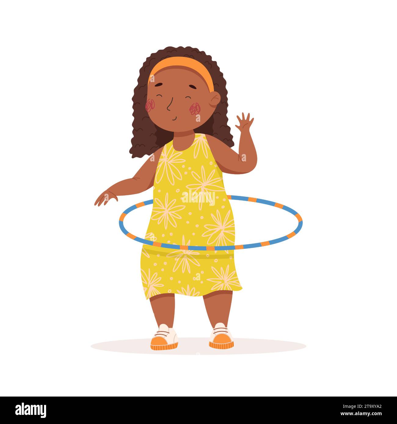 Cute little black-skinned girl spinning a hula hoop. Vector ...