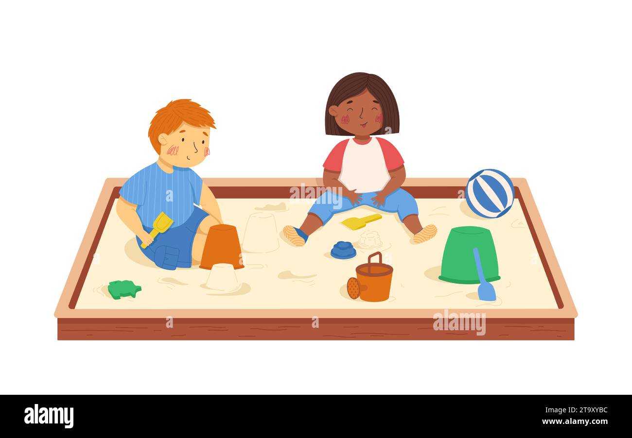 Little boy and girl playing in the sandbox. Vector illustration. Summer ...