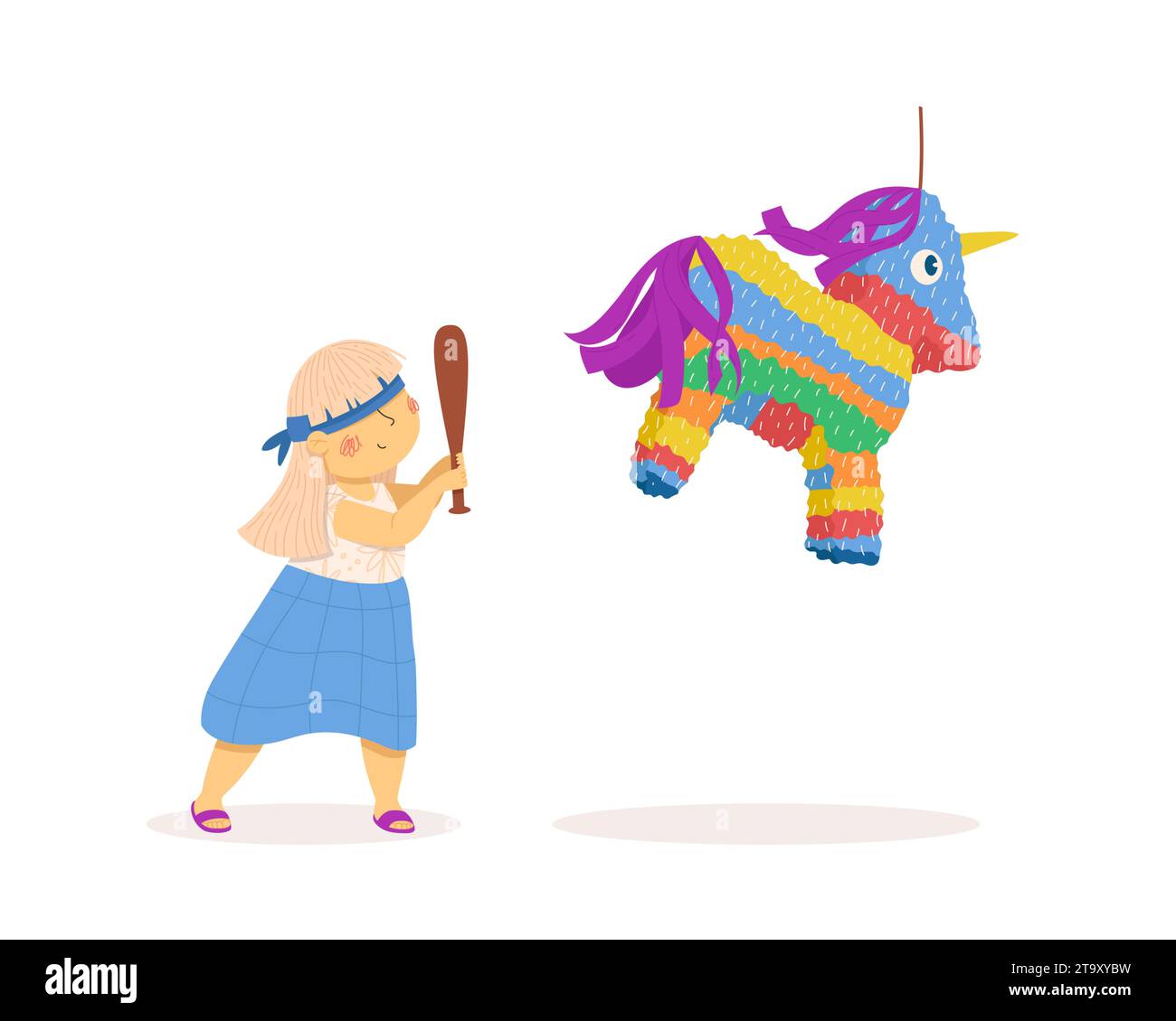 Cute little girl playing with a pinata. Vector illustration. Summer ...