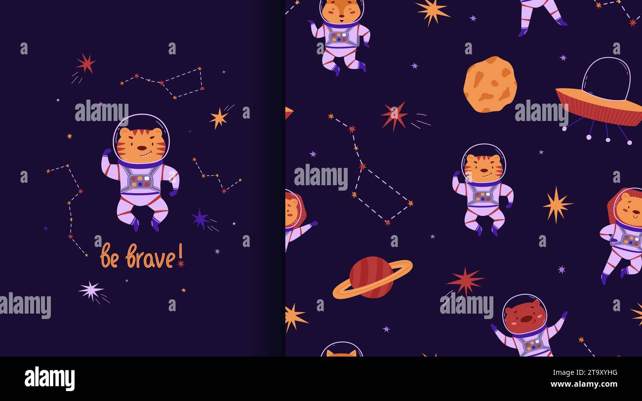 Cosmic seamless pattern and poster. Cute animals astronauts, alien ...