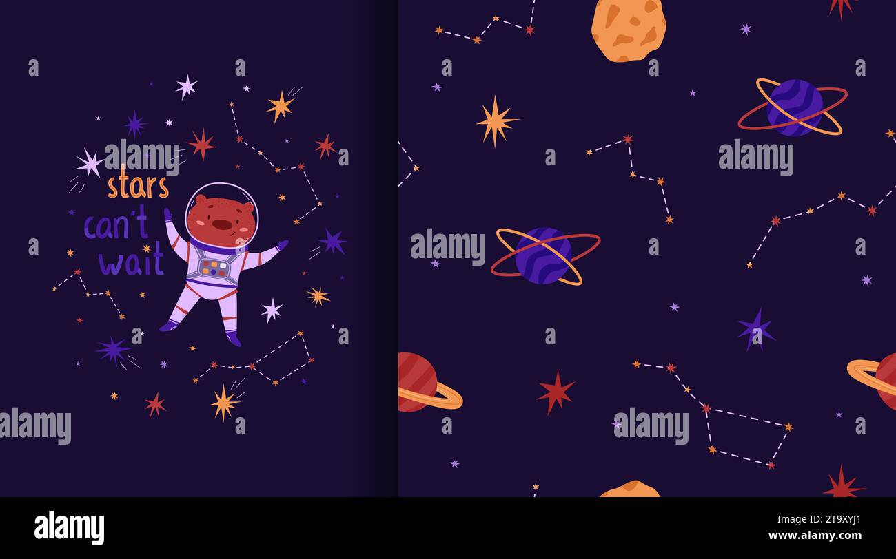 Cosmic seamless pattern and poster. Constellations and planets. Vector ...