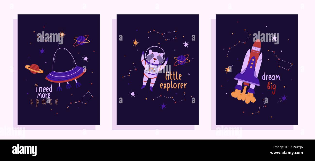 Posters witn funny UFO, rocket and cute raccoon spaceman. Flat style ...
