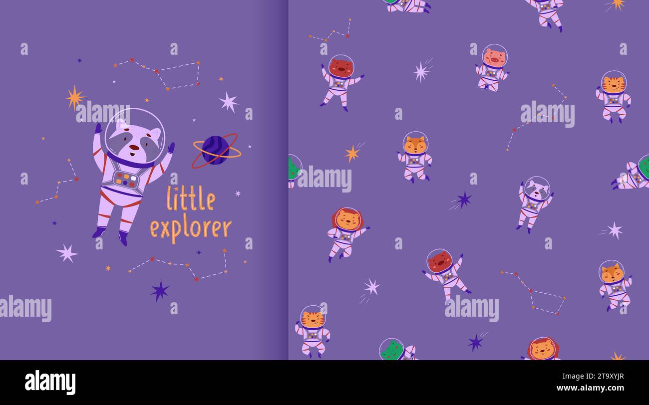 Cosmic seamless pattern and poster. Cute animals astronauts and stars ...