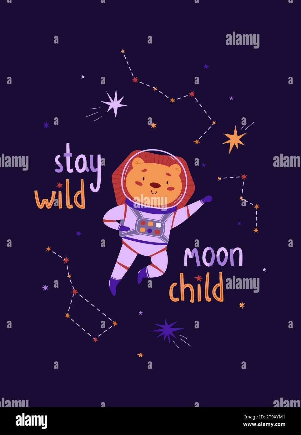 Cute space poster vector illustration. Lion astronaut in funny pose in ...
