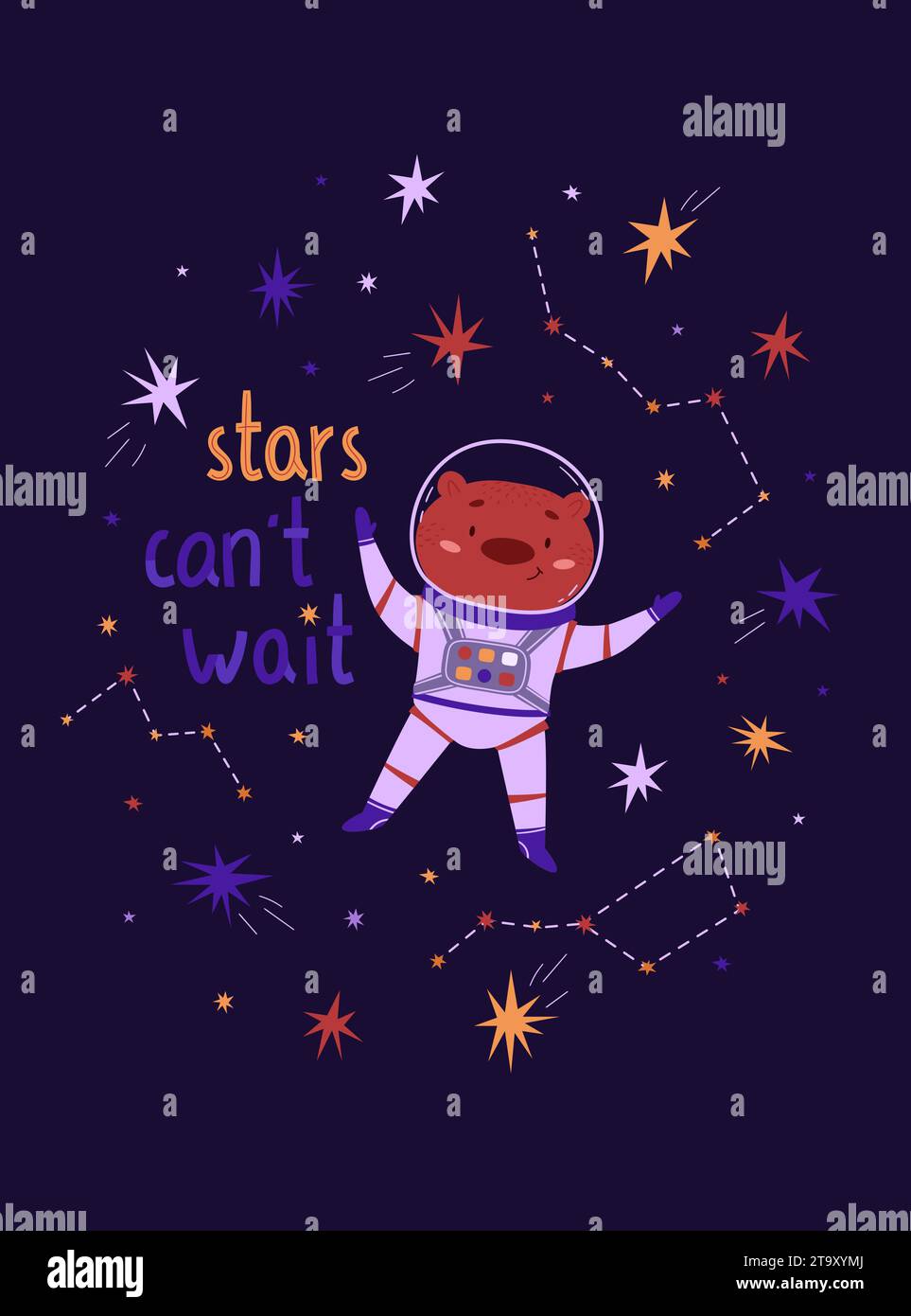 Cute space poster vector illustration. Bear astronaut in outer space ...