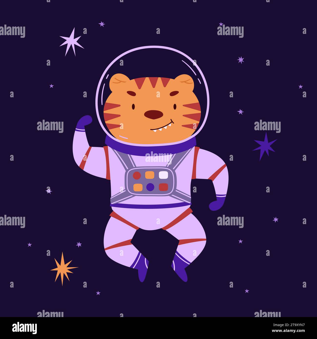 Cute space animal vector illustration. Brave tiger astronaut in outer ...