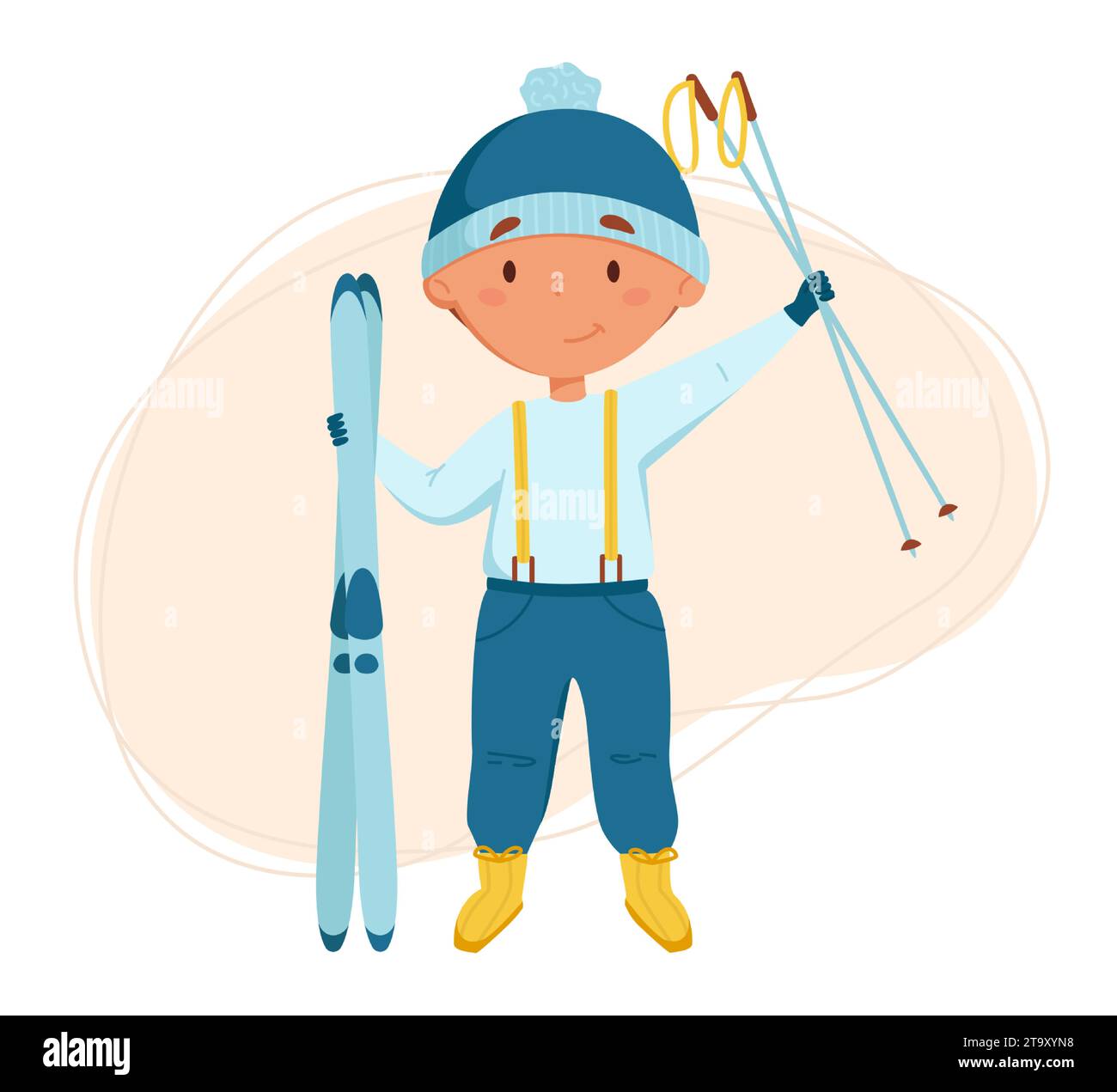 Cute blond boy skiing vector illustration. Daily routine. Schedule ...