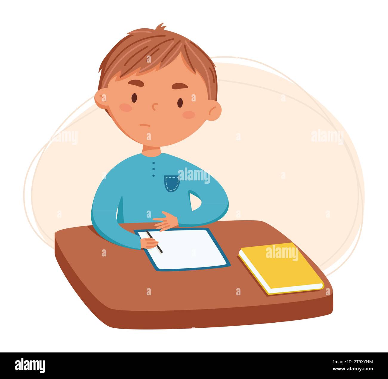 Cute blonde boy doing homework vector illustration. Daily routine ...