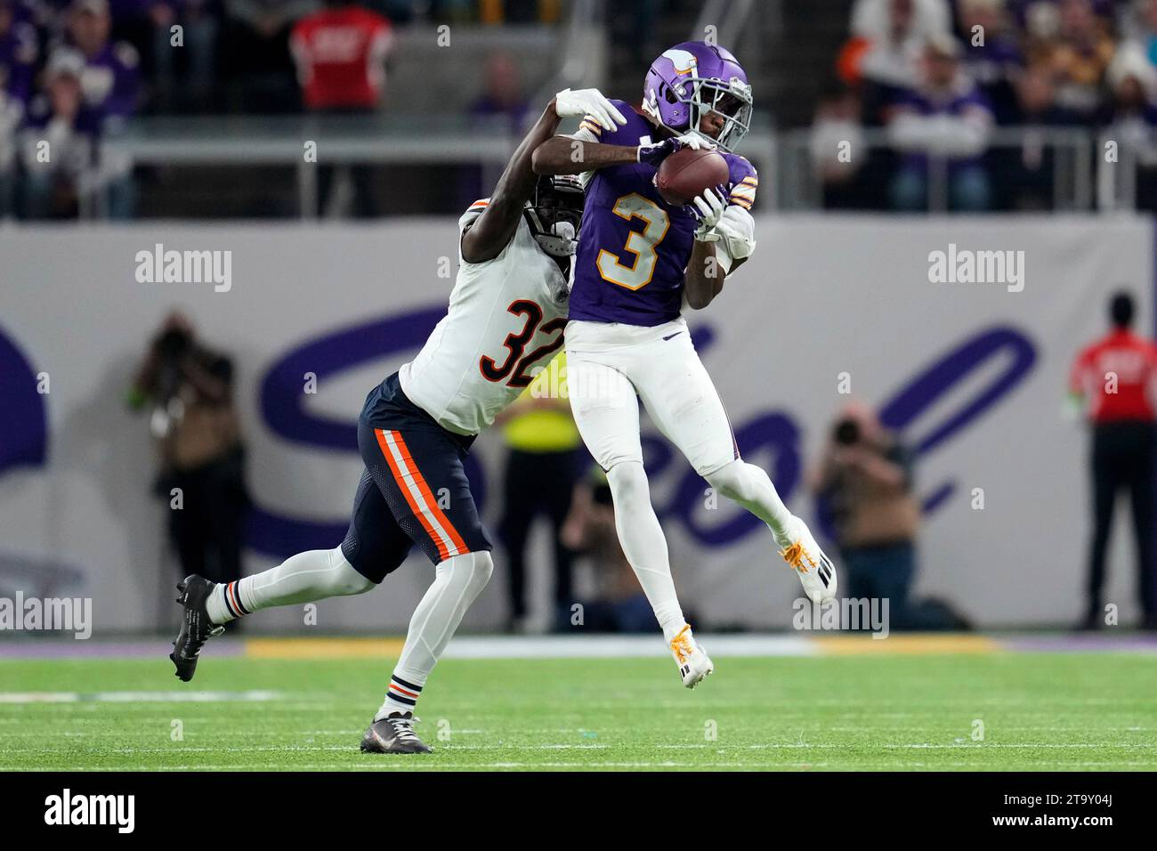 Minnesota Vikings wide receiver Jordan Addison (3) catches a pass over ...