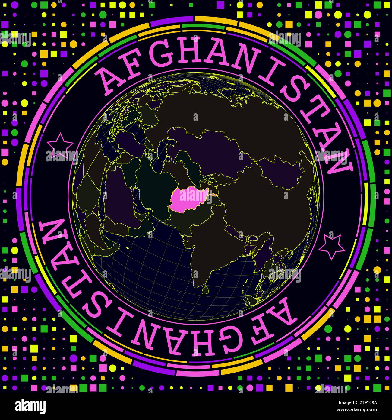 Futuristic Afghanistan on globe. Bright neon satellite view of the ...