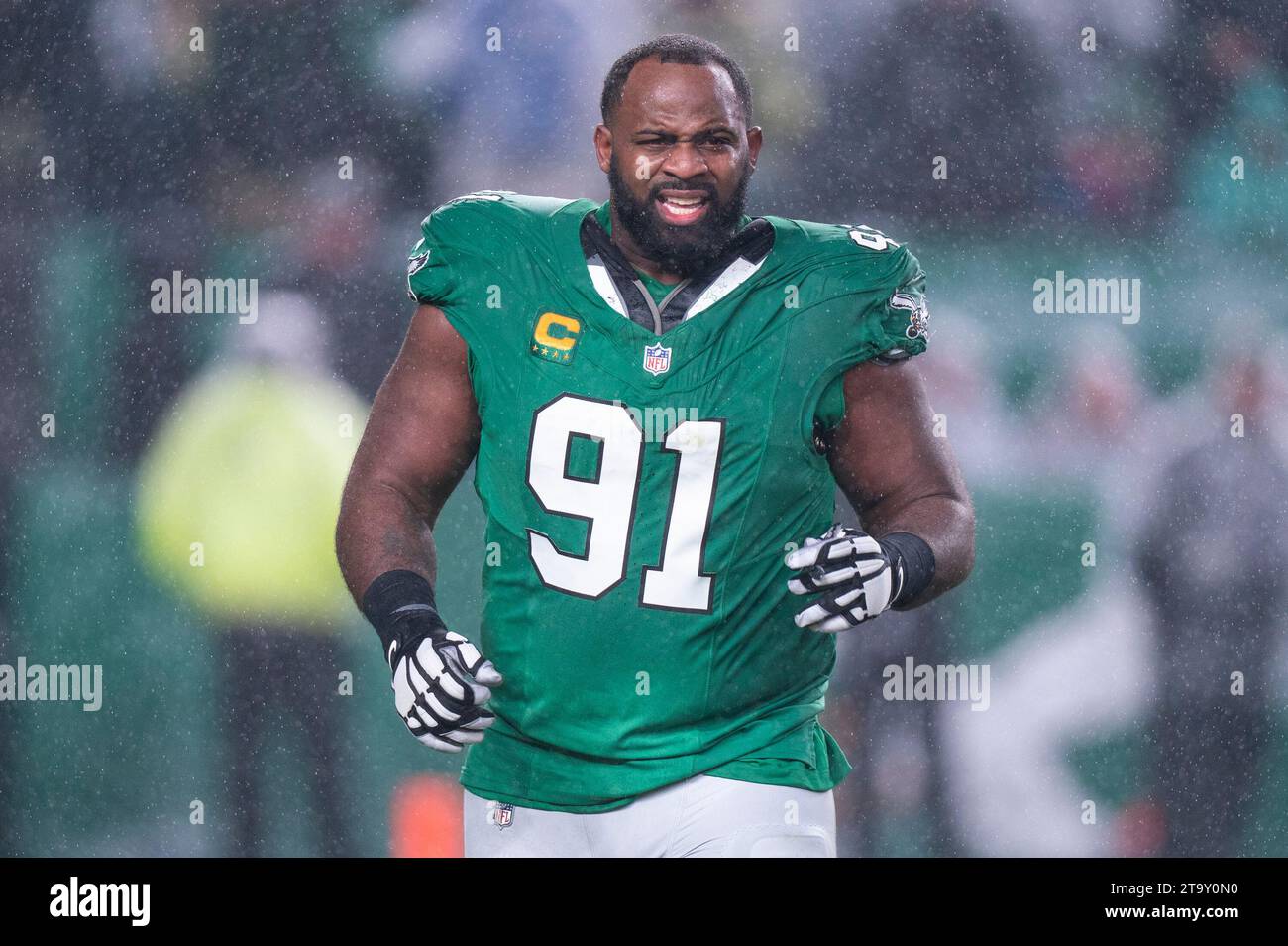 Philadelphia Eagles defensive tackle Fletcher Cox (91) looks on as he ...