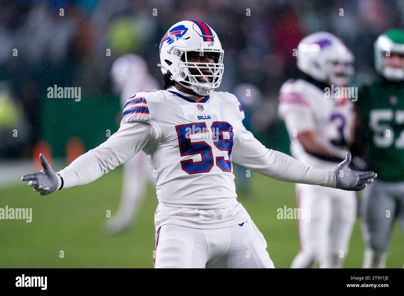 Buffalo Bills defensive end Kingsley Jonathan (59) reacts during the ...