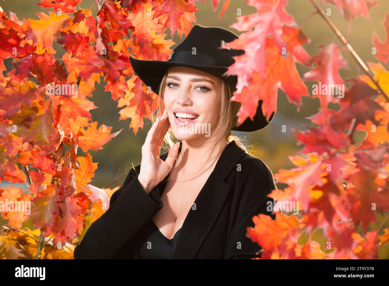 Beautiful girl outdoors in autumn fall. Young woman collects yellow ...