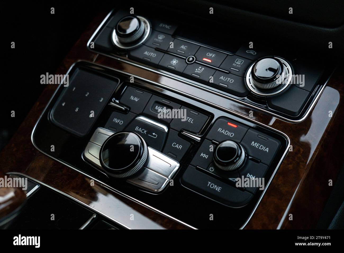 Interior of modern luxury car. Details of automatic transmission gear ...