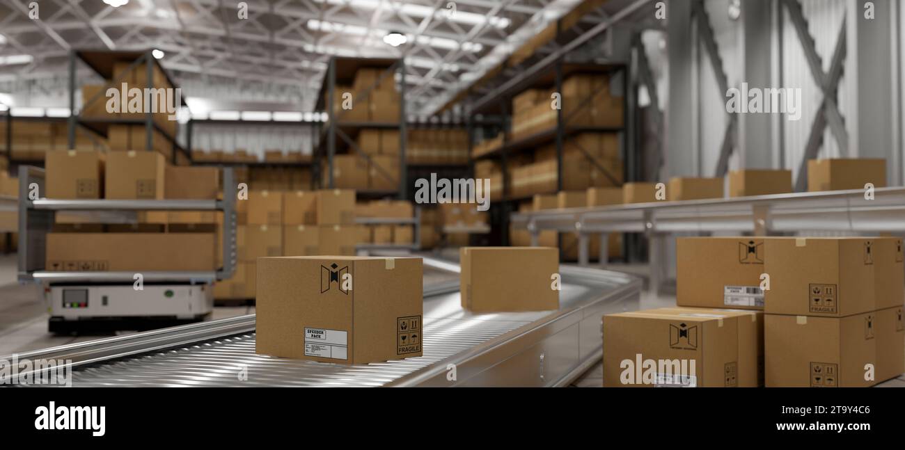 Retail shipping warehouse with cardboard boxes on a conveyor. A modern ...