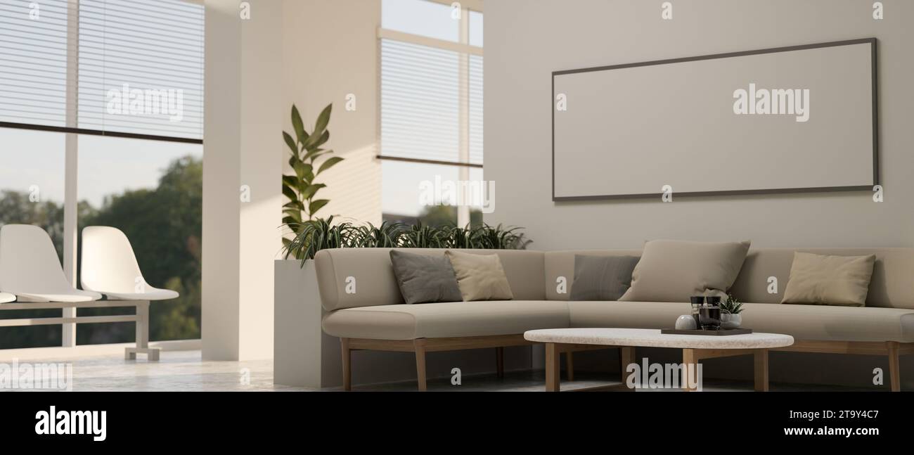 Interior design of a modern waiting area lounge with a cosy couch, a ...